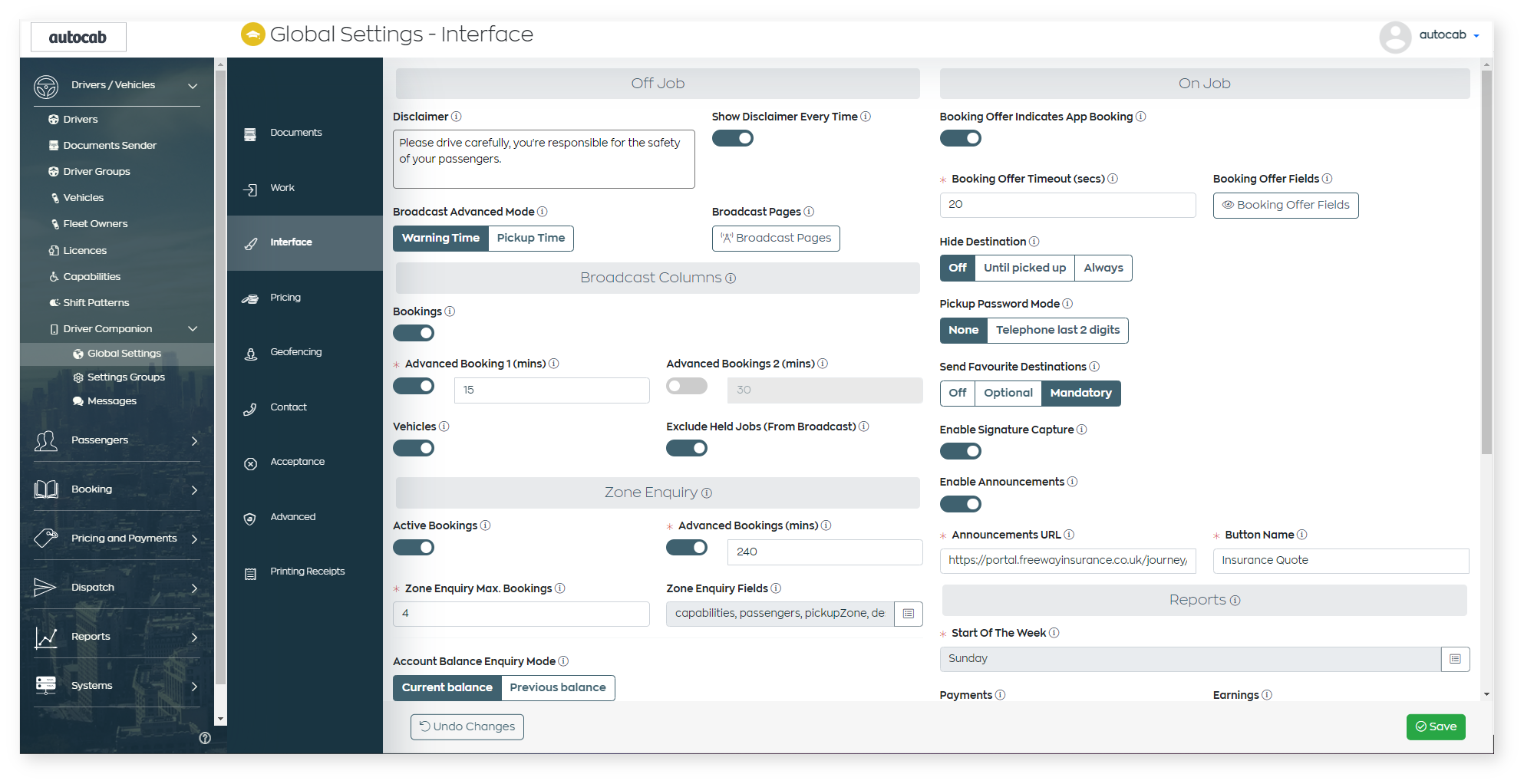 Overview of Interface Screen - 365 Management – Autocab Help