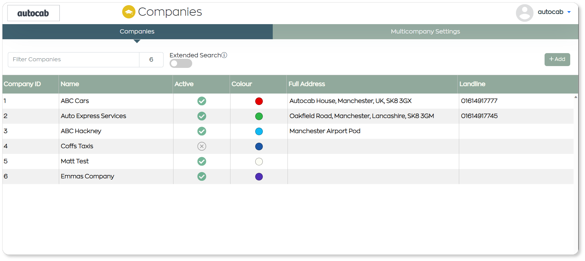 Understanding the Companies Screen - 365 Management – Autocab Help